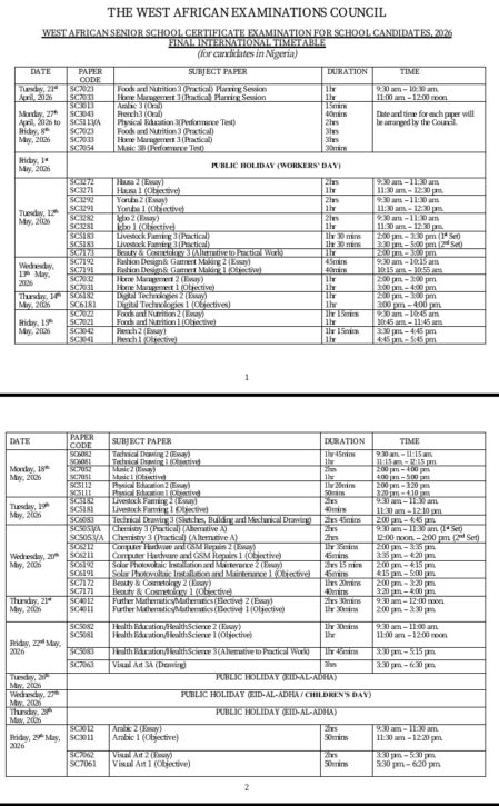 WAEC 2026 Final Timetable For WASSCE May/June SSCE (Official Schedule ...